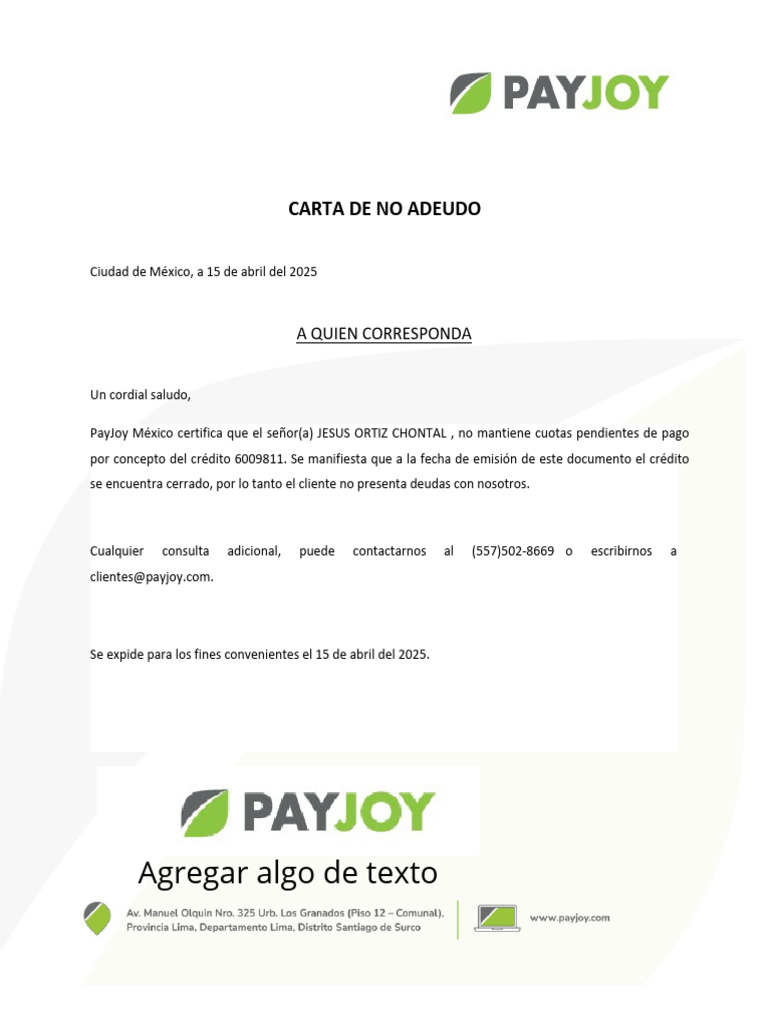 Carta de No Adeudo Payjoy Pe 78886599 PDF | PDF