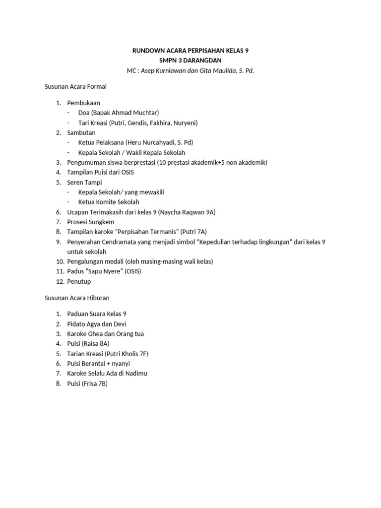 Rundown Acara Perpisahan Kelas 9 | PDF