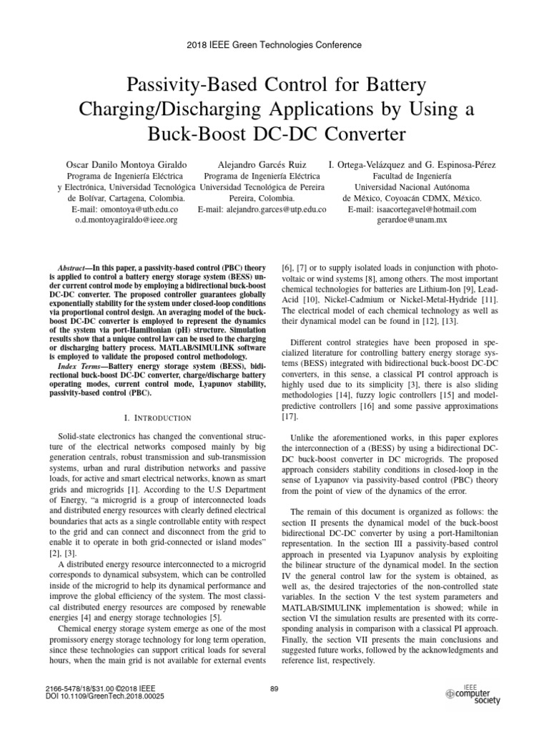 Passivity-Based Control For Battery Charging Discharging Applications by Using A Buck-Boost DC ...
