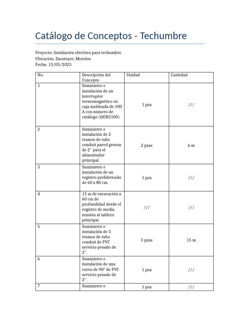 Catalogo_Conceptos_Techumbre (1) (1) | PDF | Equipo eléctrico | Poder (Física)