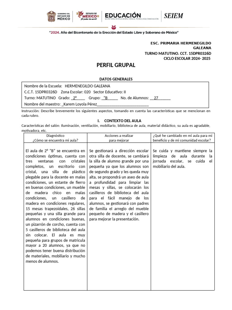 Perfil Grupal - 2024-2025 2°b | PDF | Evaluación | Salón de clases