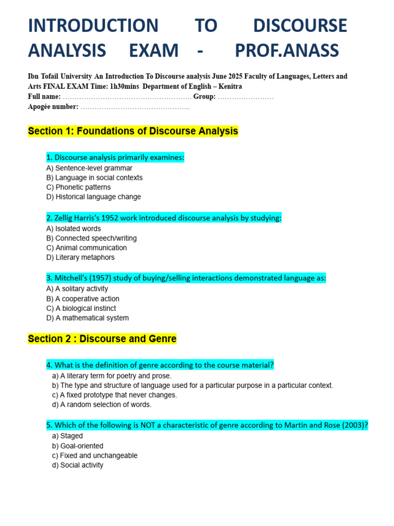 Discourse Analysis Exam Overview | PDF | Discourse | Semantics