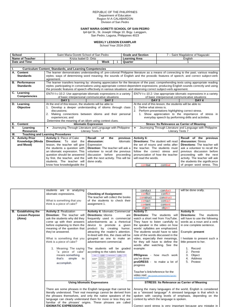 English 7 Quarter 1 Week 1 LP | PDF | Idiom | Word