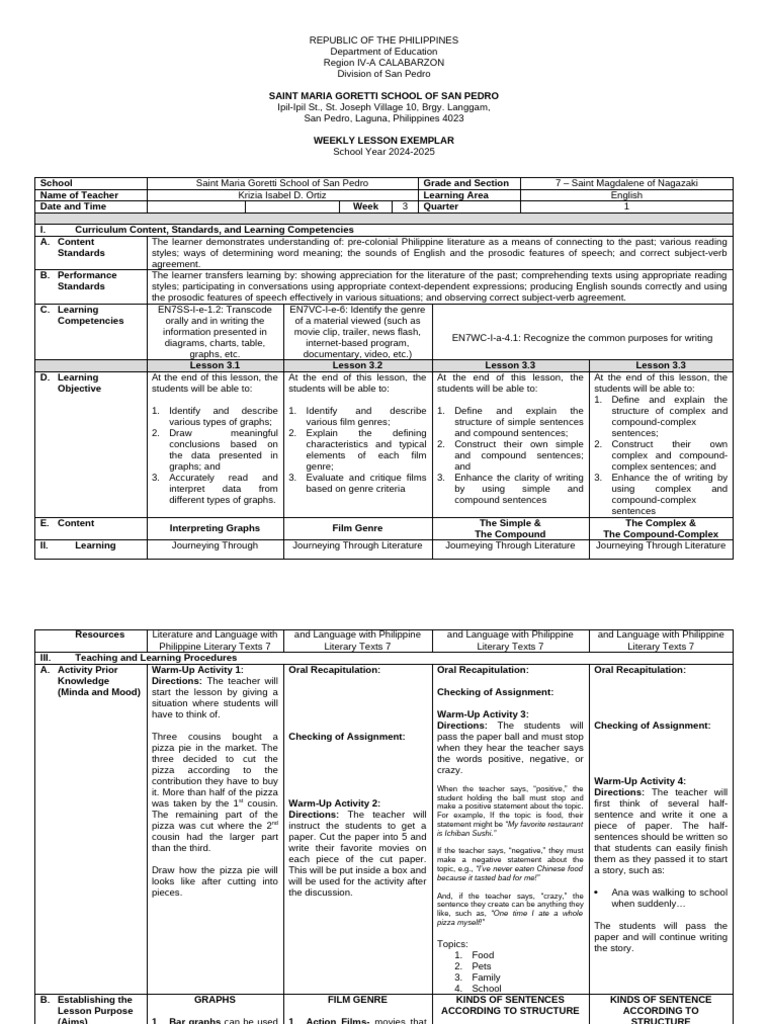 English 7 Quarter 1 Week 4 5 LP | PDF | Clause | Genre