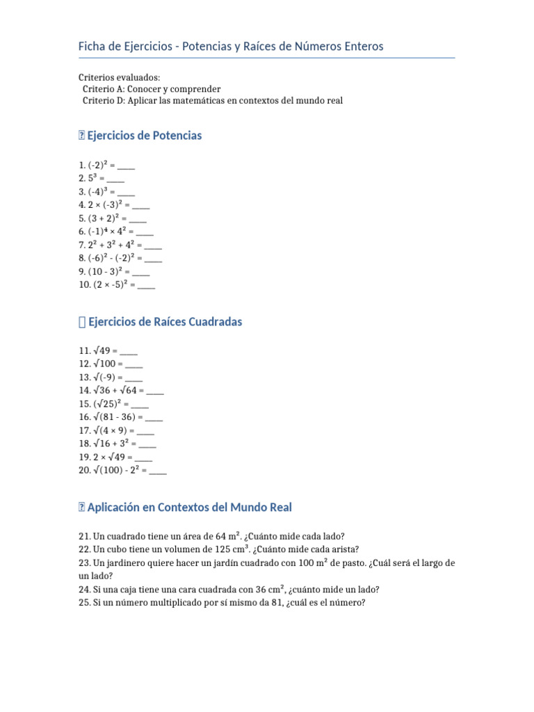 Ficha Ejercicios Potencias Raices CriteriosAD | PDF