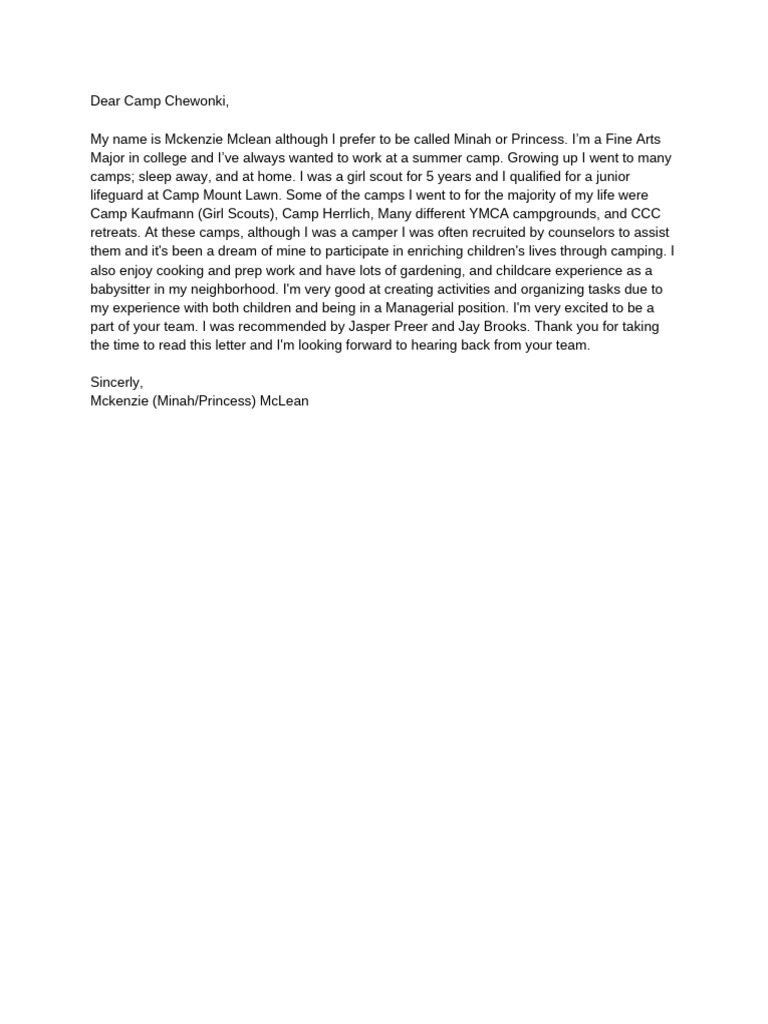 Cover Letter For Camp | PDF