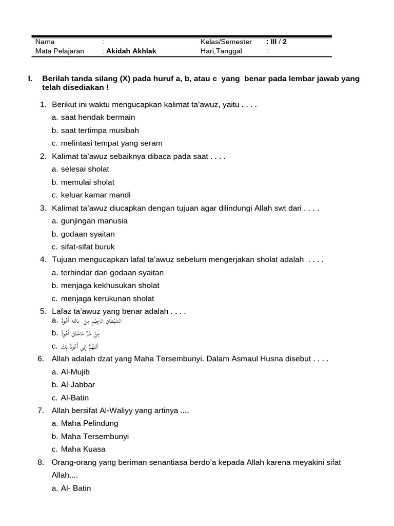Soal PAT Kelas 3 - Akidah Akhlak | PDF