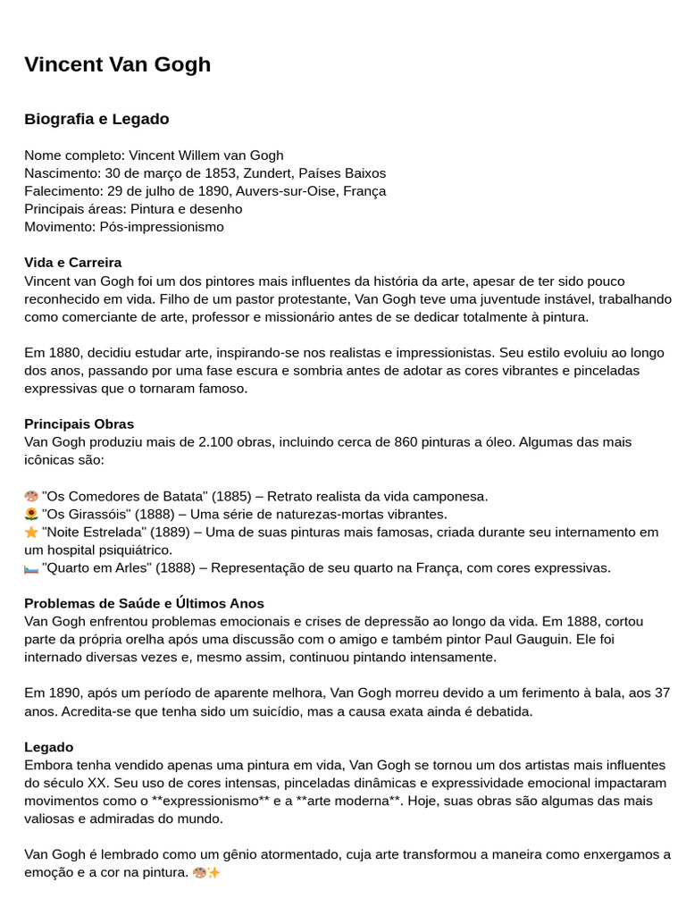 Vincent Van Gogh: Biografia e Legado | PDF | Vincent Van Gogh