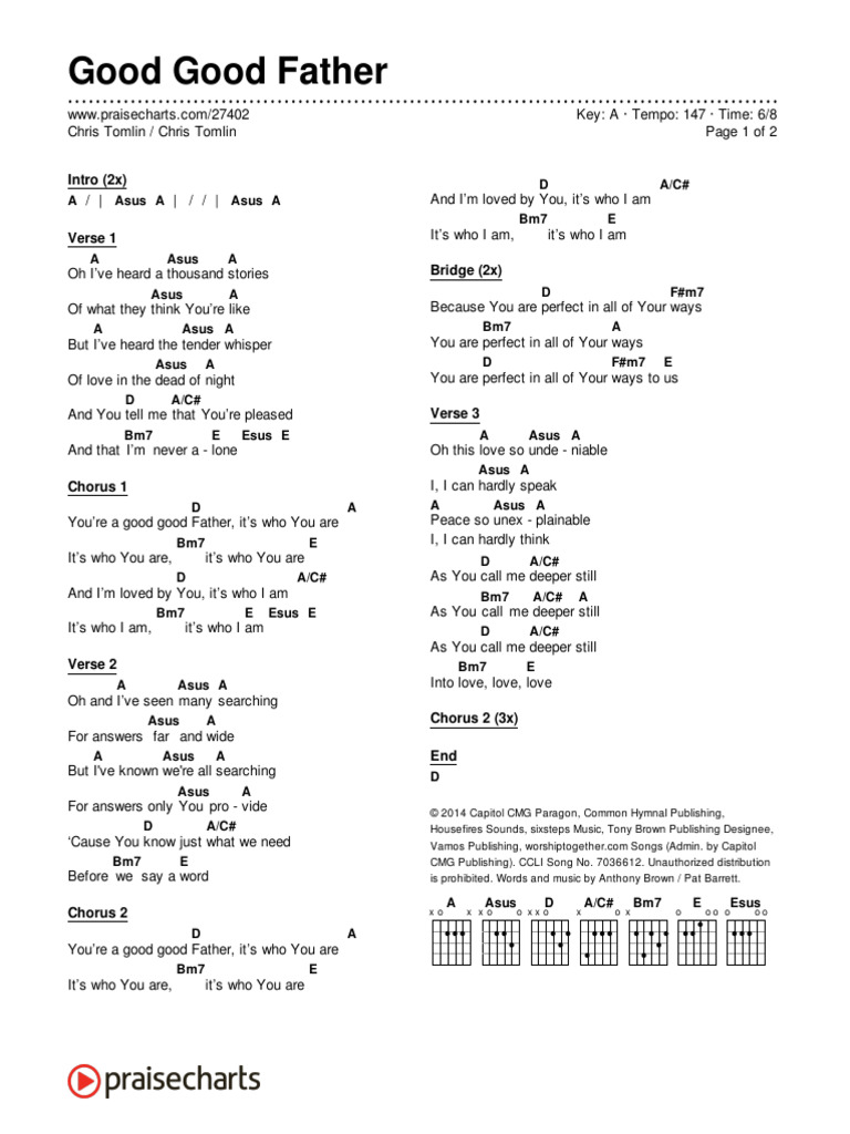 Good Good Father (Chris Tomlin) Chord Chart - A - 2 Column Layout | PDF ...