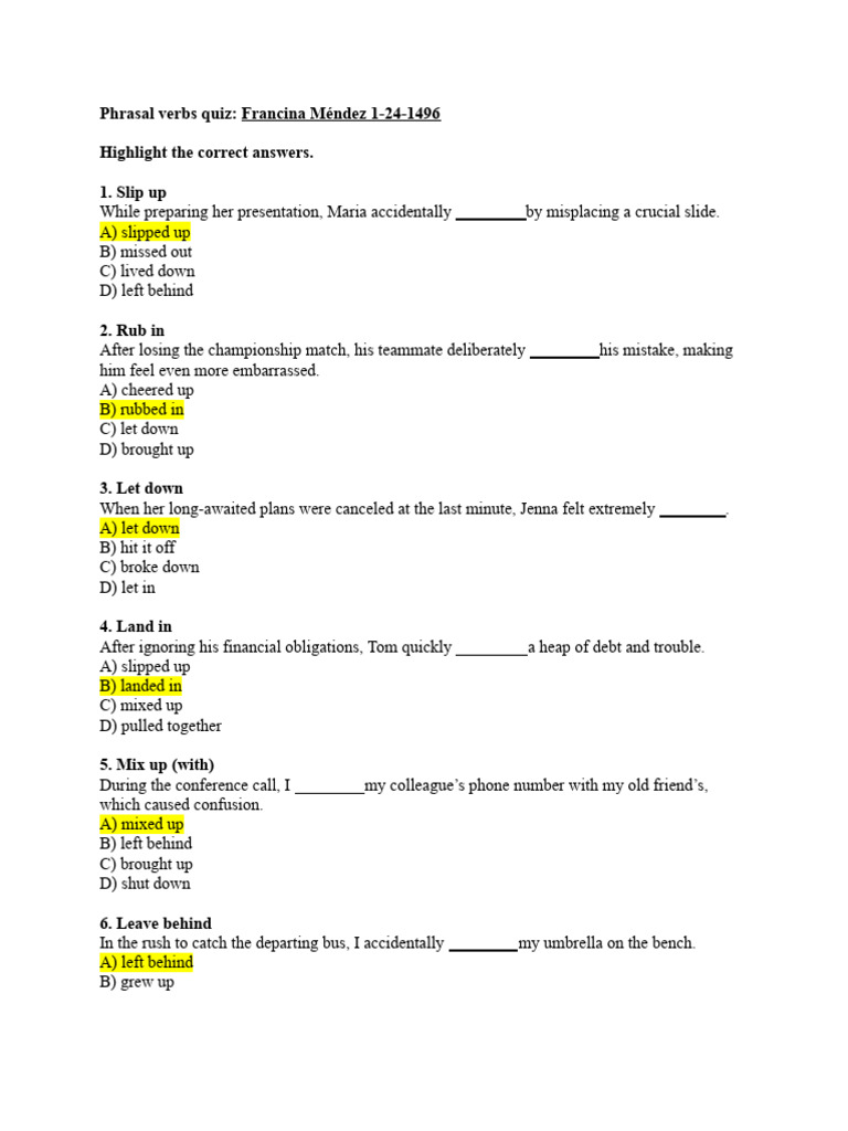 Phrasal Verbs Quiz AS | PDF