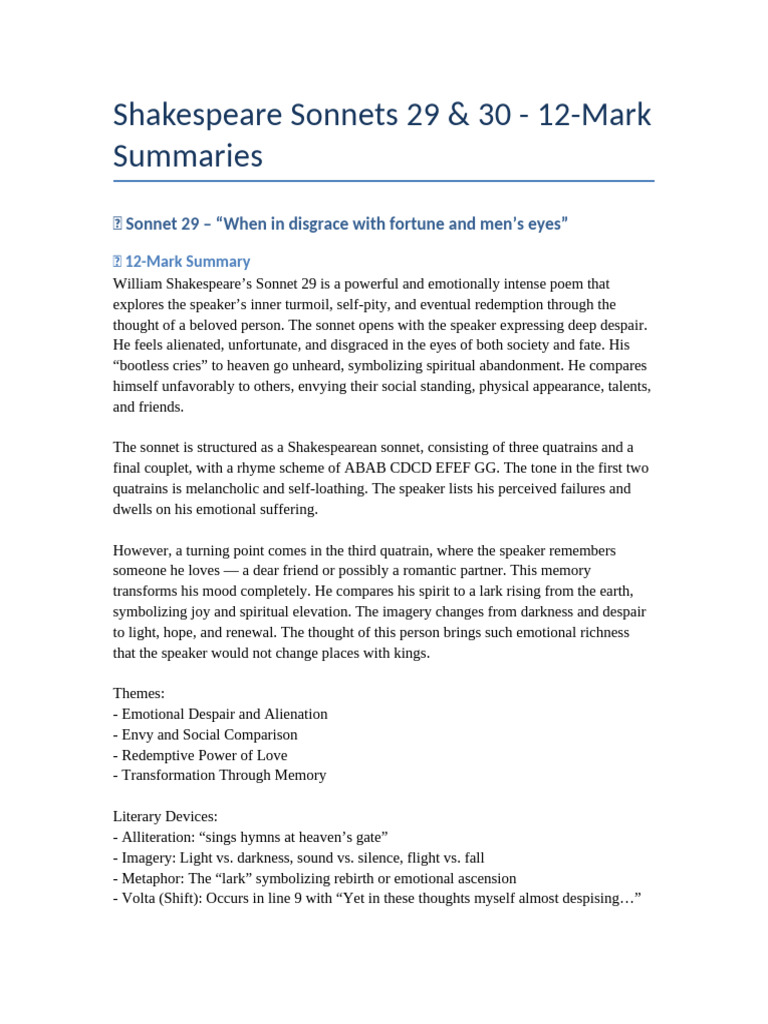 Summaries of Shakespeare's Sonnets 29 & 30 | PDF | Literary Criticism ...