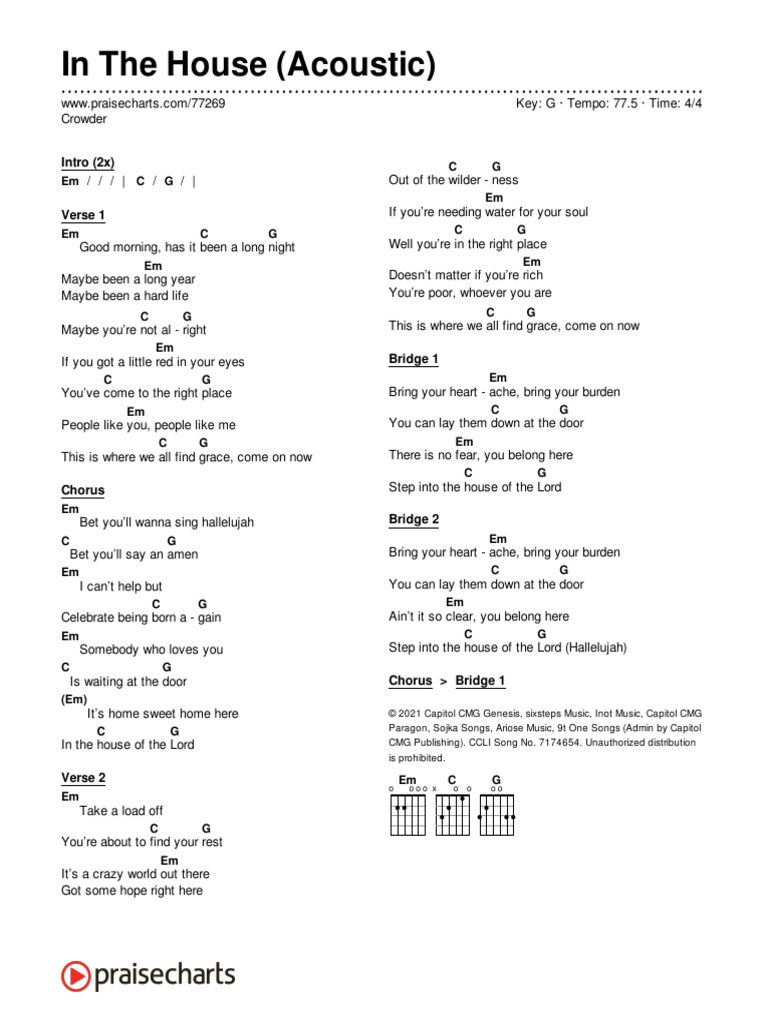 In The House (Acoustic) (Crowder) Chord Chart - G - 2 Column Layout in ...