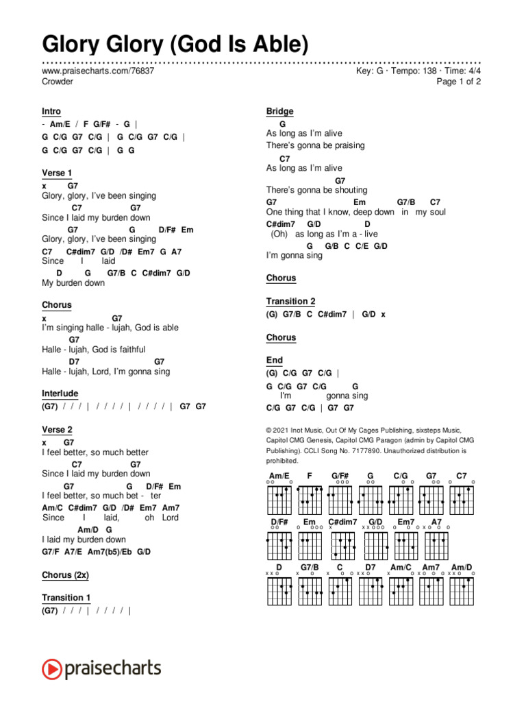 Glory Glory (God Is Able) (Crowder) Chord Chart - G - 2 Column Layout ...