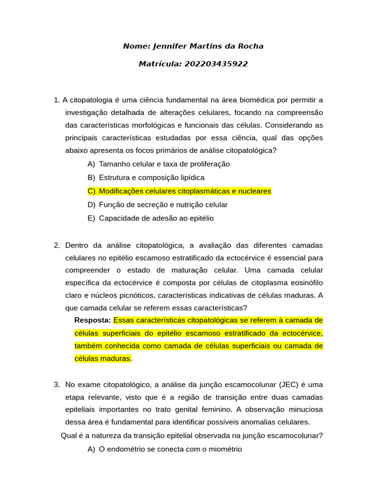 Atividade Citopatologia - Jennifer Martins | PDF | Ciclo menstrual | Câncer