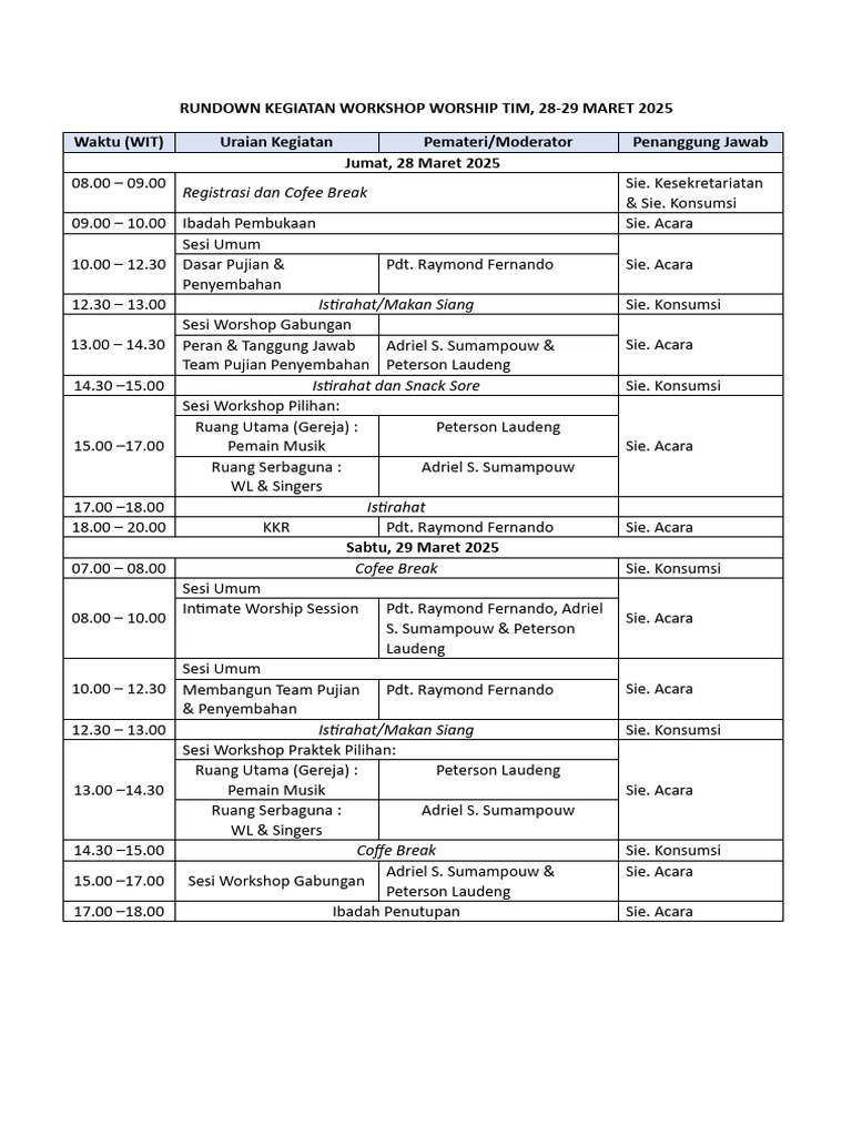 Rundown Kegiatan Workshop Worship Tim, 28-29 Maret 2025 | PDF