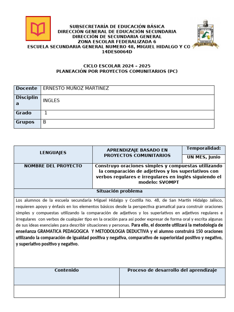 Planeacion de Ingles 1 Junio Emm Sec48 | PDF | Oración (Lingüística ...