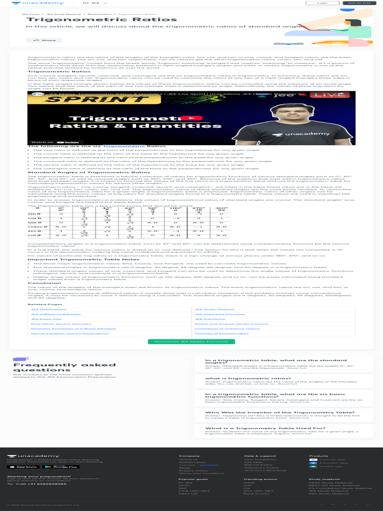 Trigonometric Ratios JEE Mathematics JEE Main JEE Advanced | PDF ...