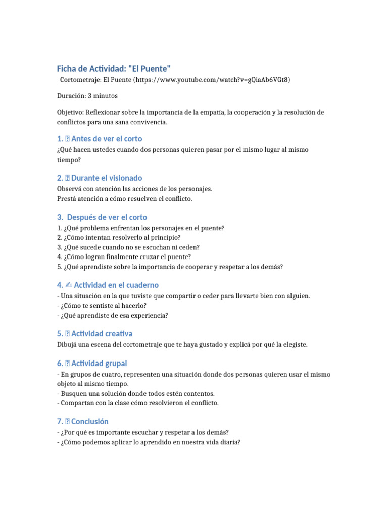 Actividades sobre el cortometraje "El Puente" | PDF