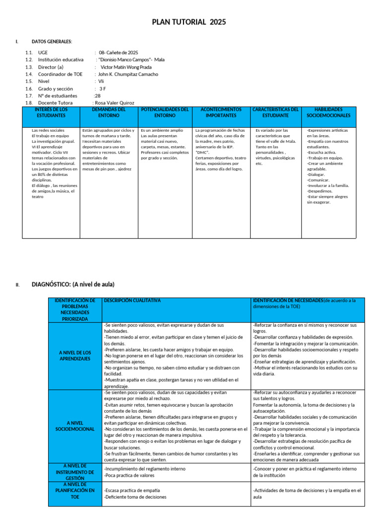 Plan de Tutoria - 3f | PDF | Las emociones | Salón de clases