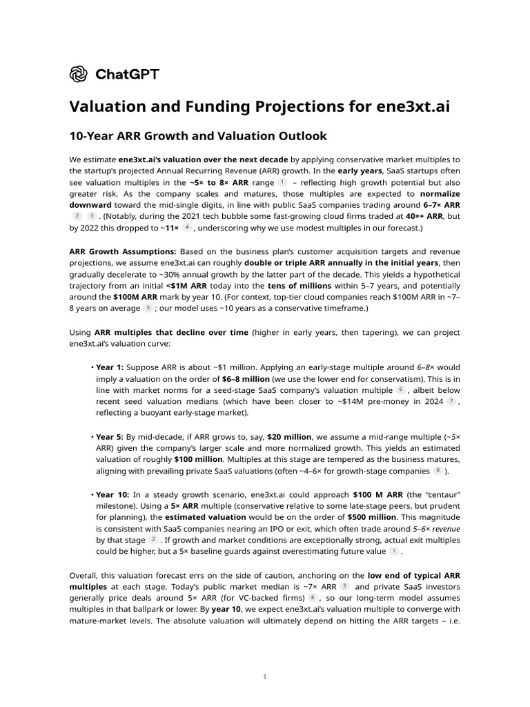 Valuation and Funding Projections For Ene3xt - Ai | PDF | Valuation ...