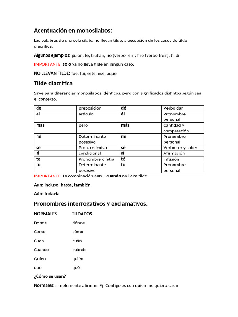 Acentuación y Tilde Diacrítica en Monosílabos | PDF