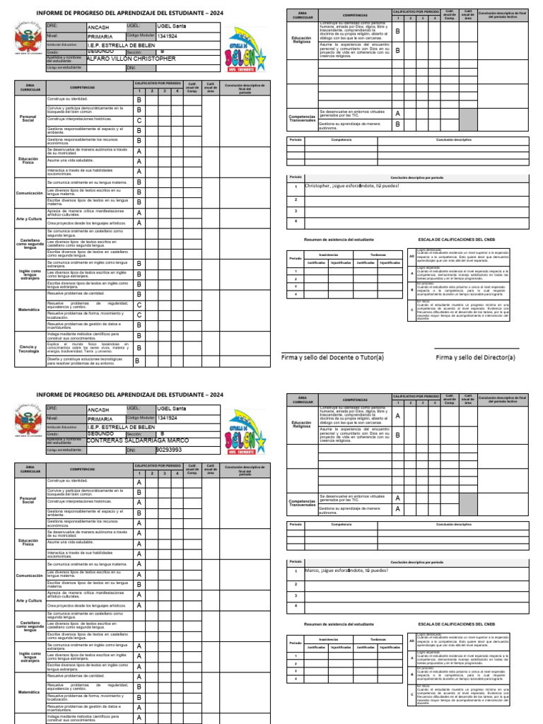 Boleta de Notas - 2do Grado | PDF | Segundo lenguaje | Aprendizaje