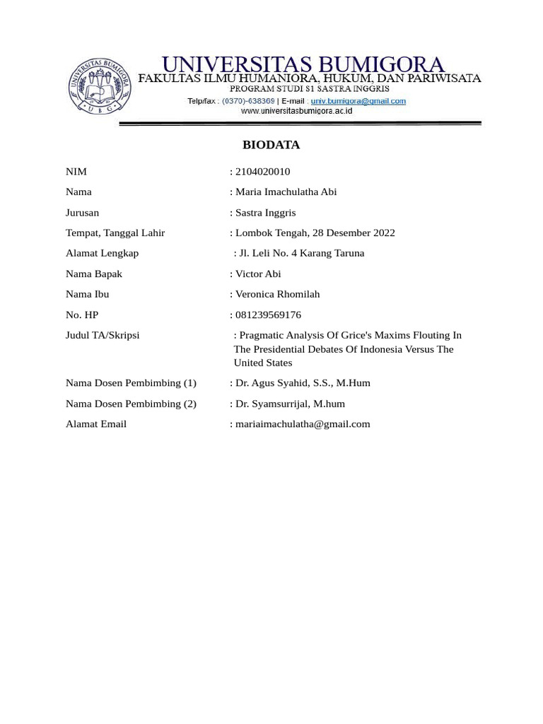 BIODATA Maria Bawa Ke Mba Reza | PDF
