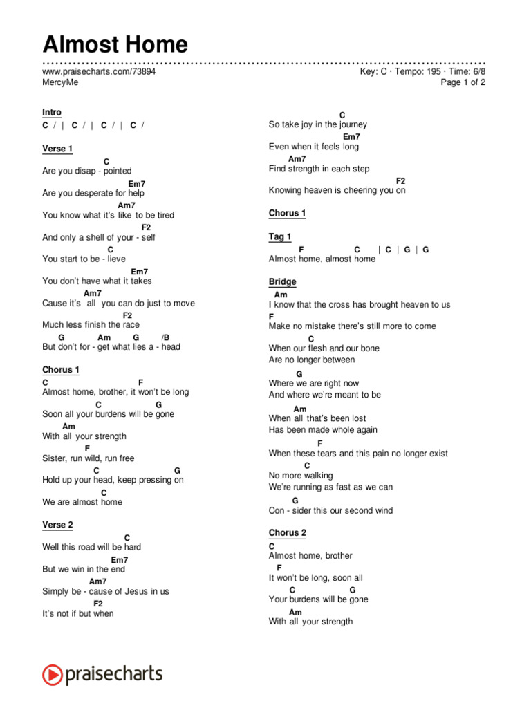 Almost Home (MercyMe) Chord Chart - C - 2 Column Layout | PDF | Song ...