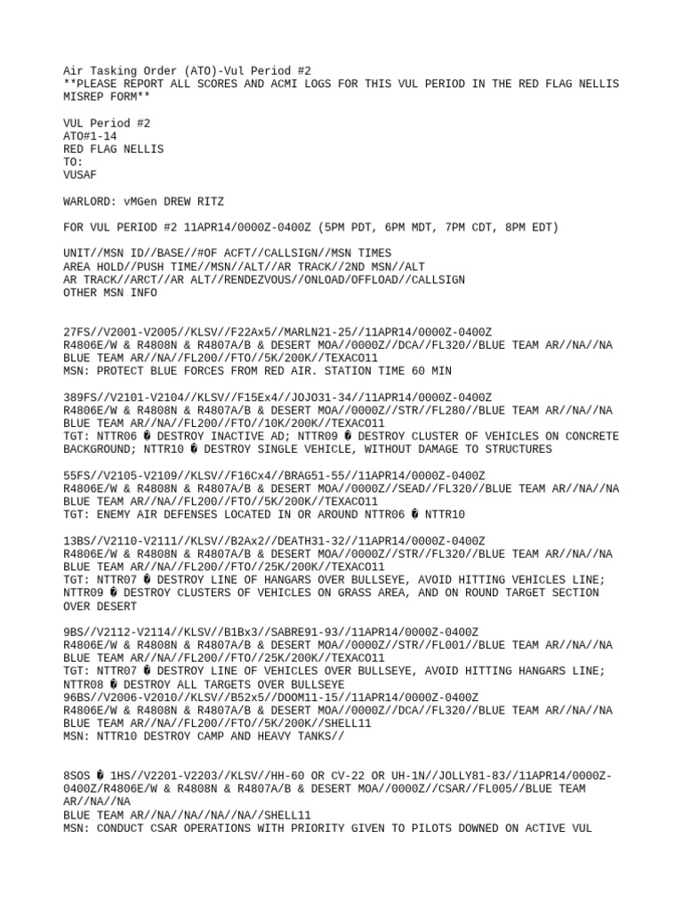 Air Tasking Order (ATO) - Vul Period #2 | PDF | Military Forces ...