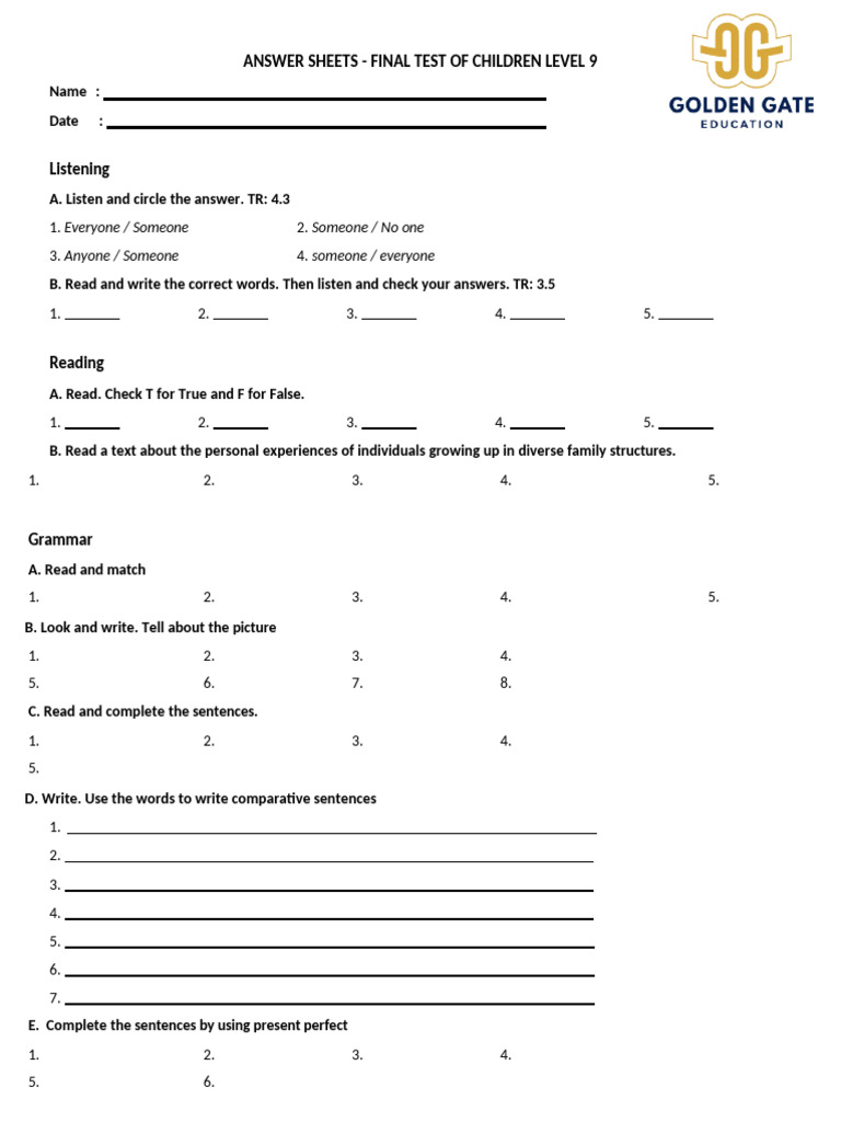 Level 9 Final Test Answer Sheets | PDF