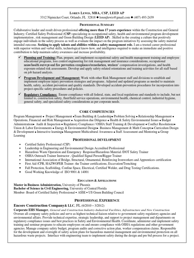 Director EHS Environmental Health Safety in Orlando FL Resume Loren ...