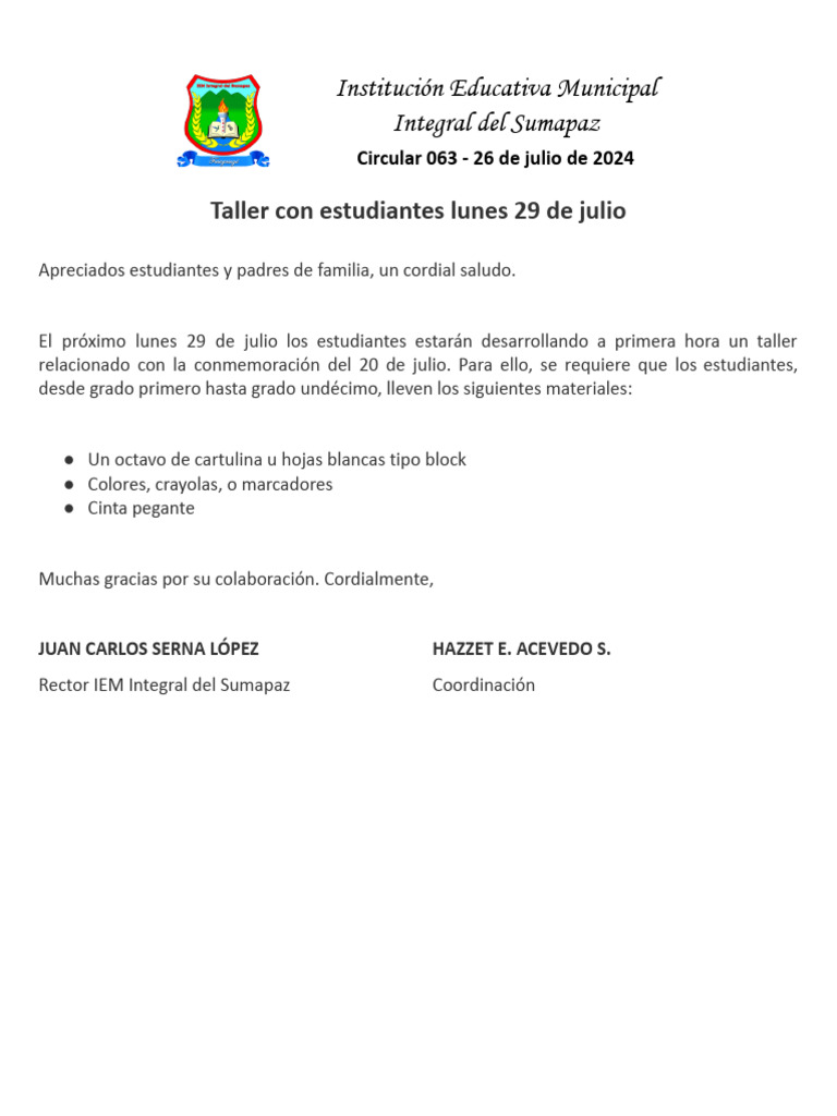 Circular 063 - Solicitud A Padres | PDF