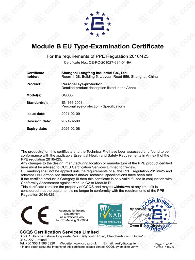 SG003 CE EN166 2001 Safeyear Lente | PDF