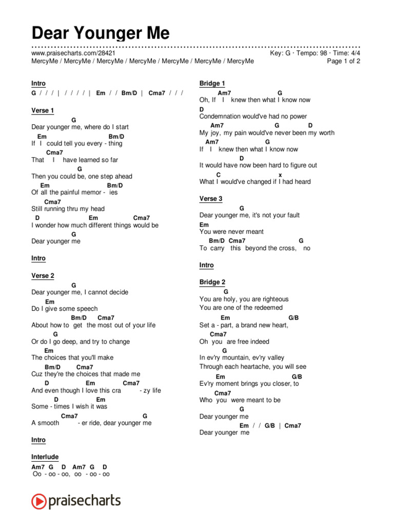 Dear Younger Me (MercyMe) Chord Chart - G - 2 Column Layout | PDF ...