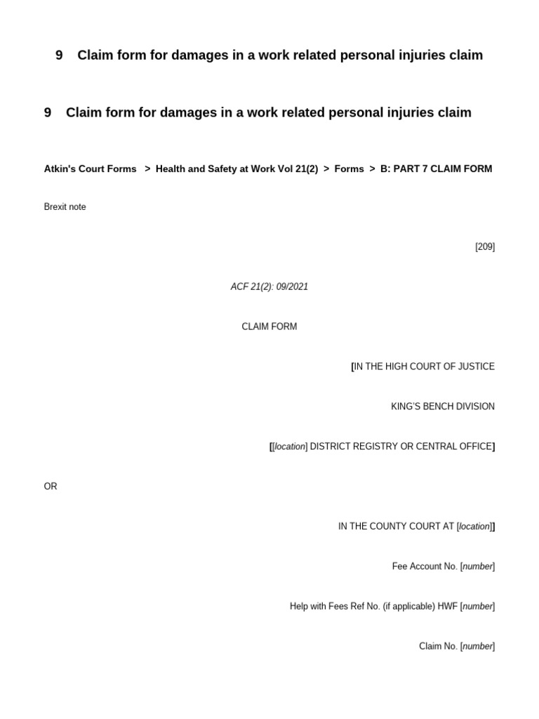 9 Claim Form For Damages in A Work Related Personal Injuries Claim1 ...