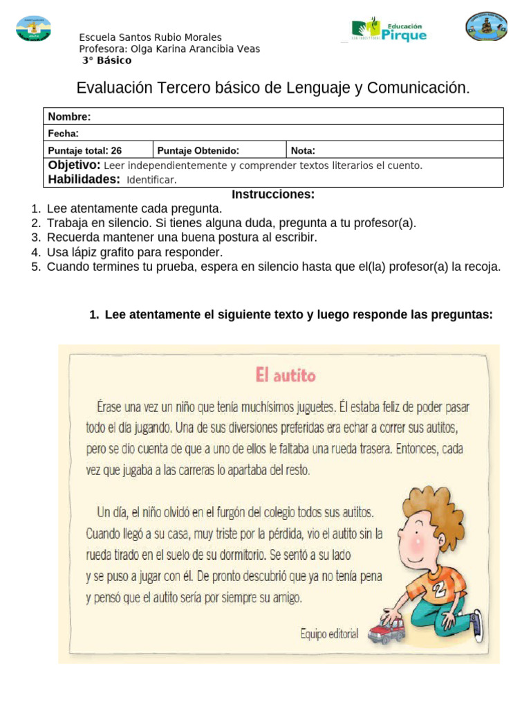 Prueba Del Cuento 3 Básico | PDF