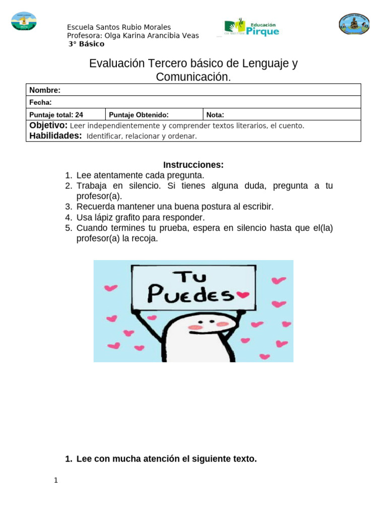 Evaluación Tercero Básico de Lenguaje y Comunicación Cuento | PDF