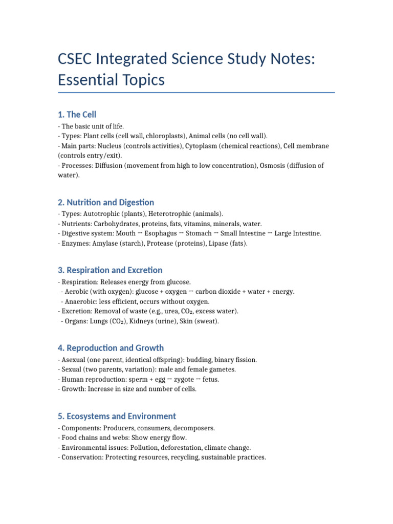 CSEC Integrated Science Essential Topics | PDF | Digestion | Cell (Biology)