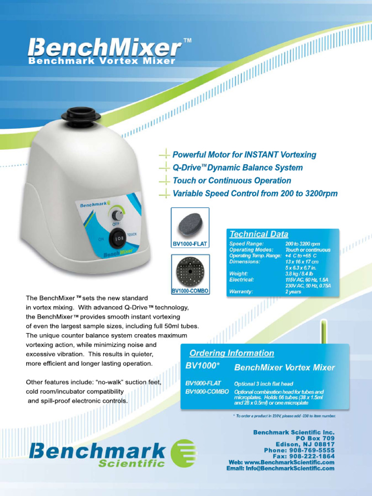 Benchmark BV1000 Vortex Mixer Overview | PDF
