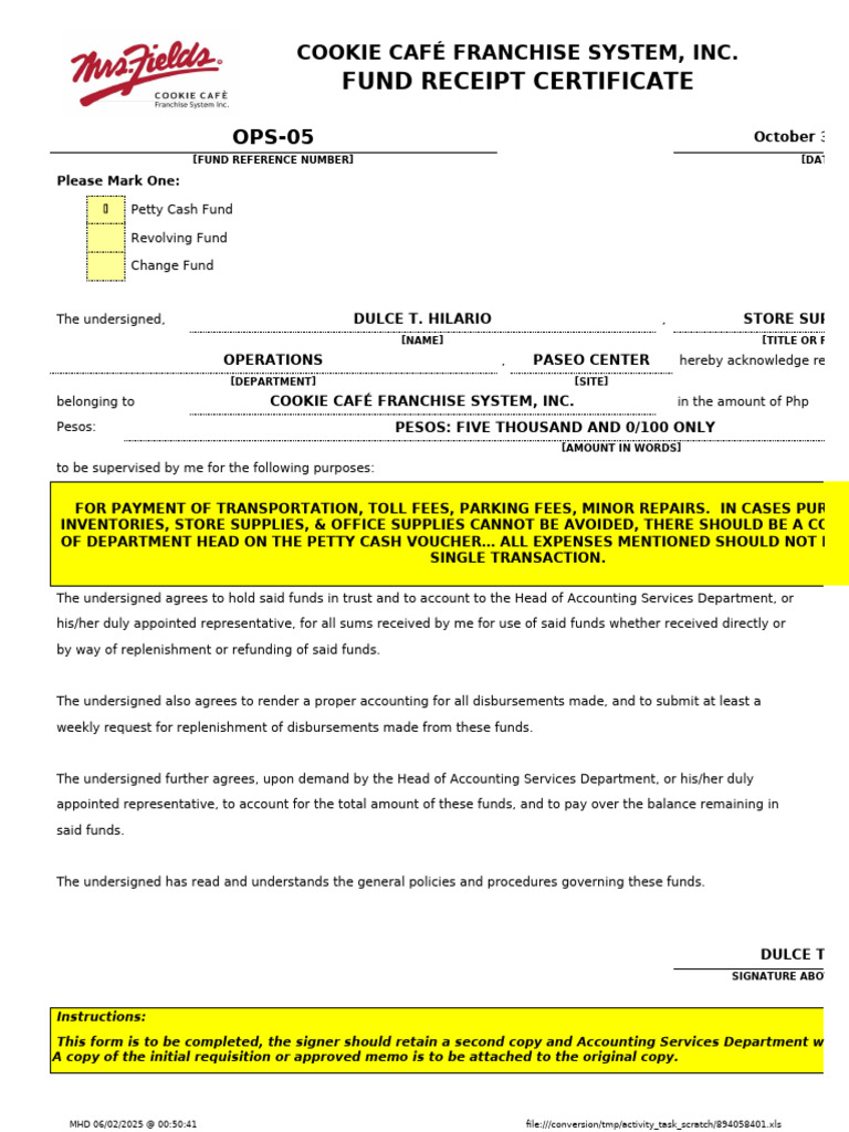 Fund Receipt Acknowledgment Form | PDF | Receipt | Business