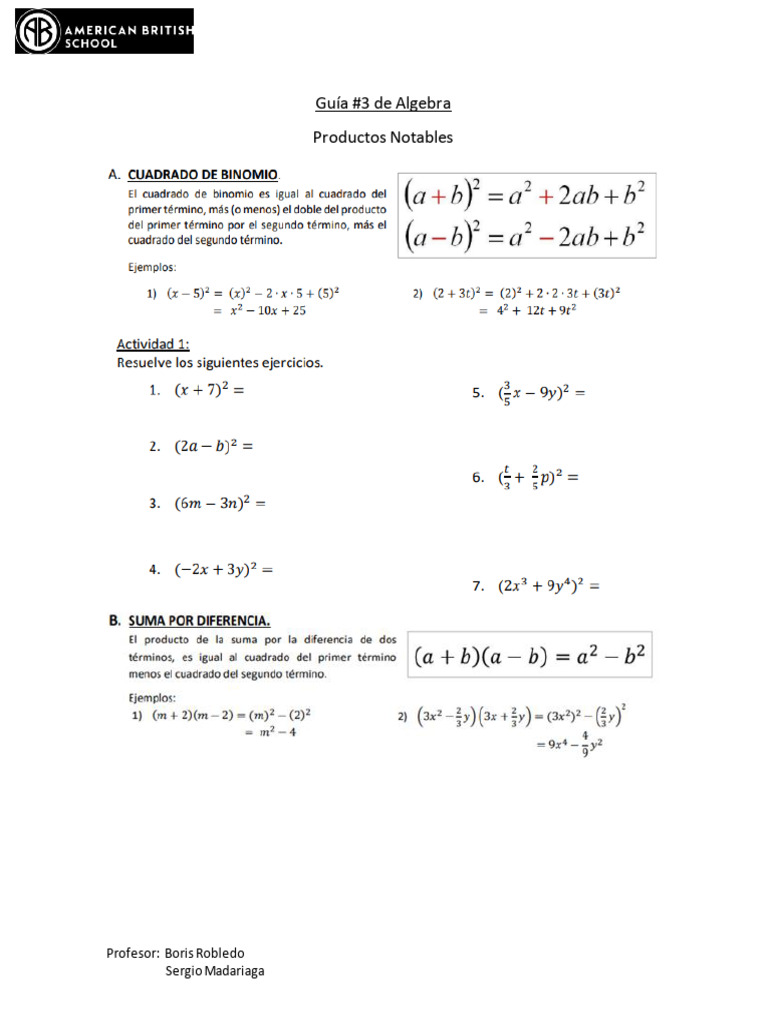 Guía 5 Productos Notables (3° de Algebra) | PDF