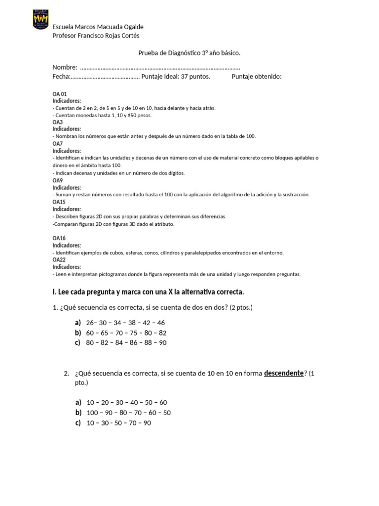 Prueba Diagnóstica 3° Básico Matemáticas | PDF