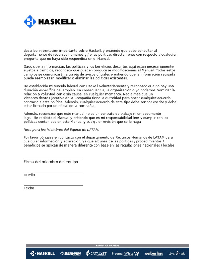 Team Member Handbook Acknowledgement - Spanish | PDF