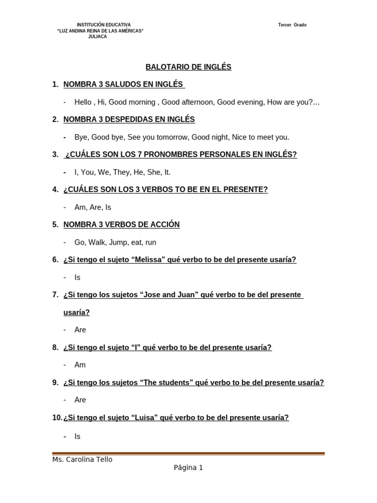 Balotario Inglés 3ro | PDF | Sintaxis | Lingüística