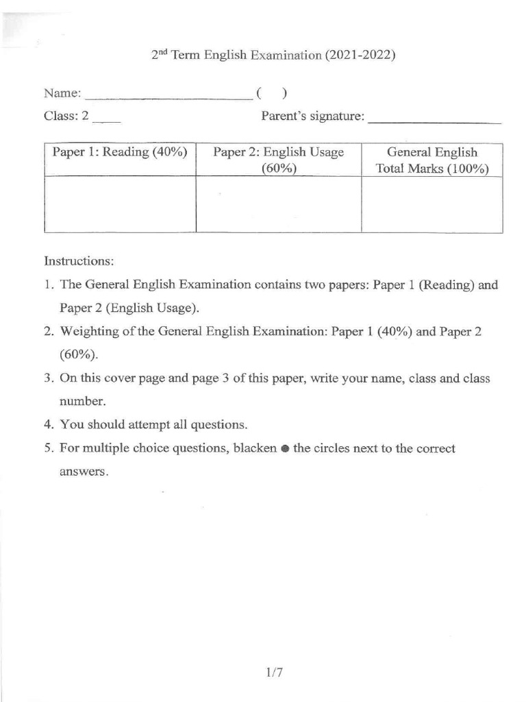 P2 2nd English Exam | PDF