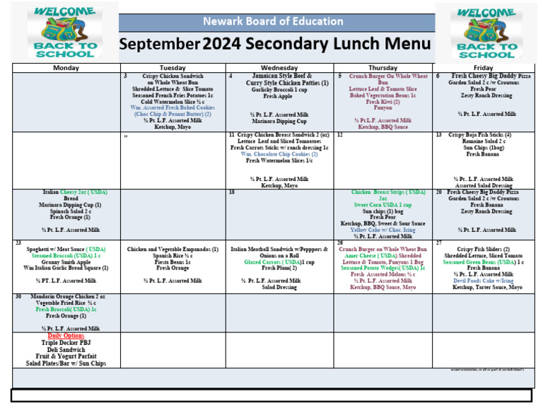 September 2024 - Secondary Lunch Menu | PDF | Hamburgers | French Fries