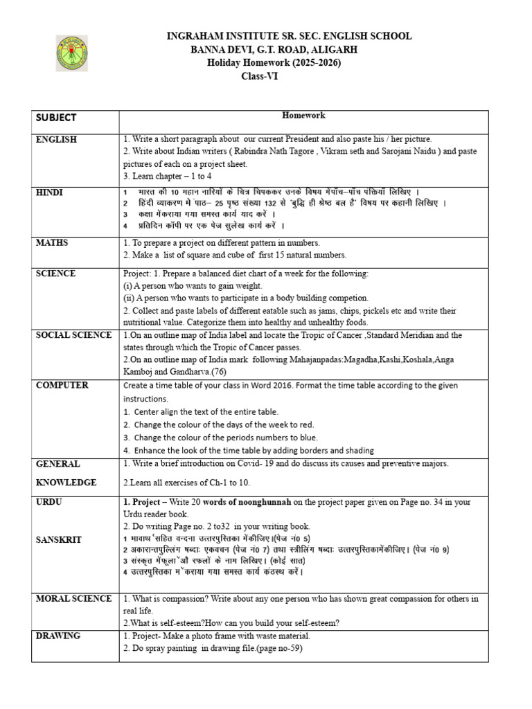 Class VI Holiday Homework 2025-2026 | PDF