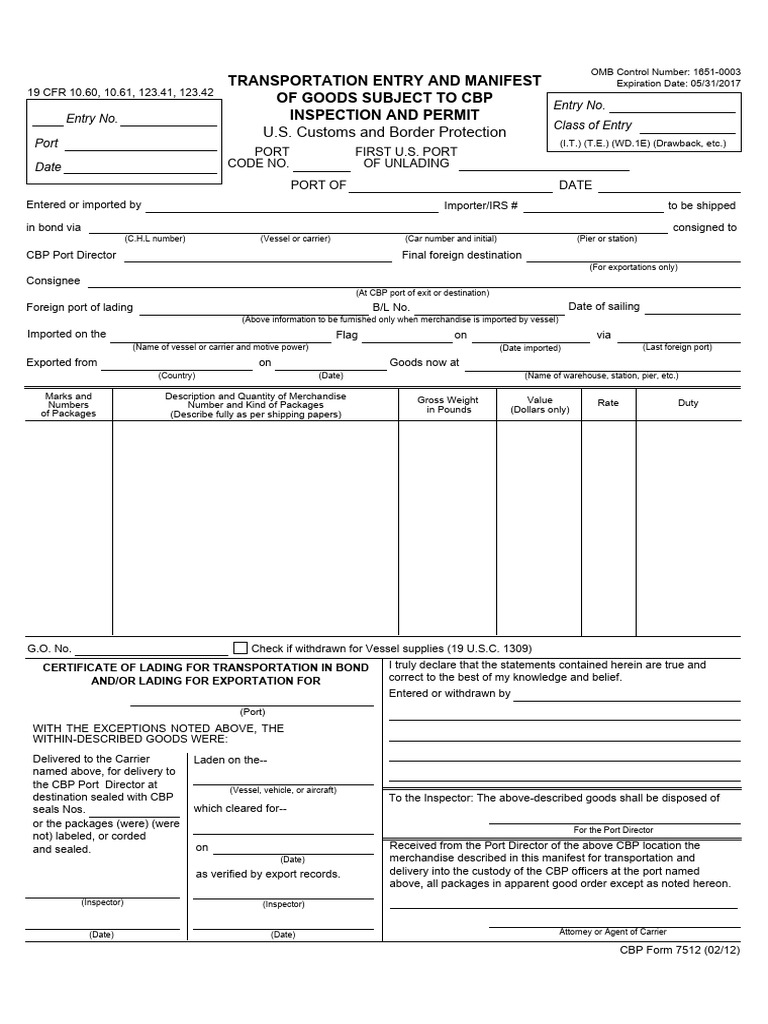 CBP Form 7512 - Transportation Entry and Manifest of ...
