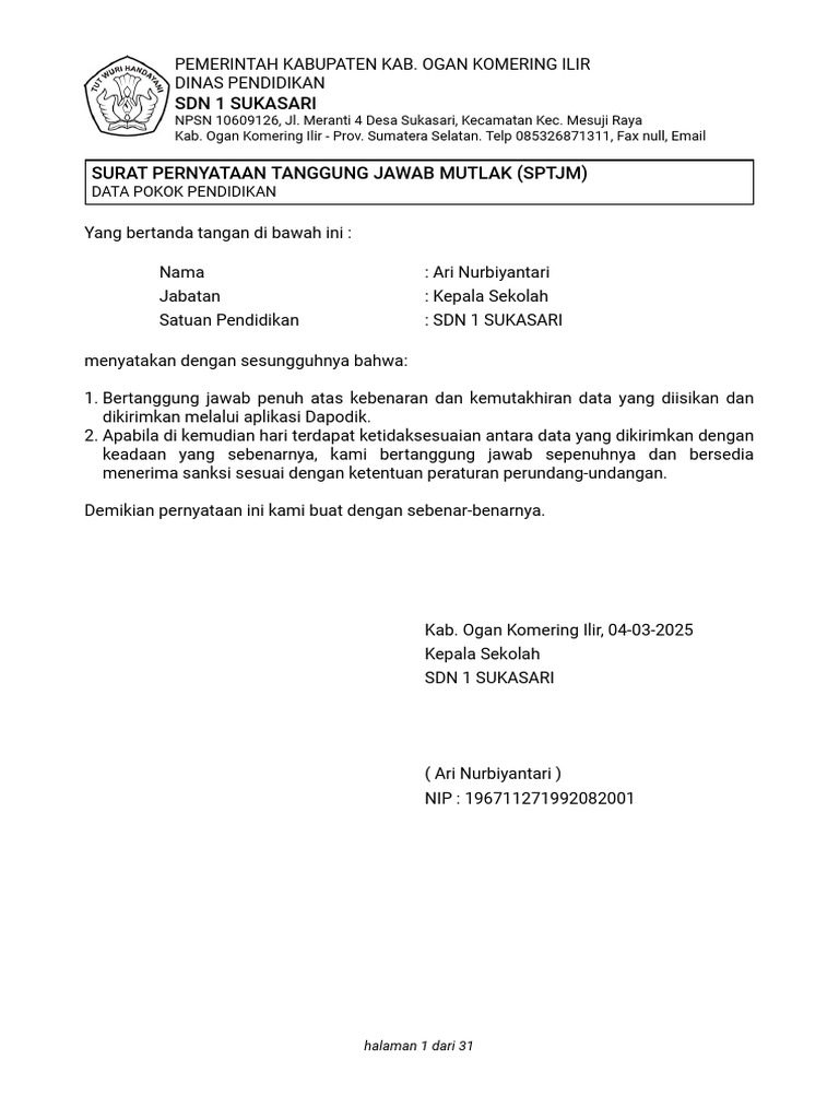 SPJM Dapodik SDN1Sukasari 04 03 2025 | PDF