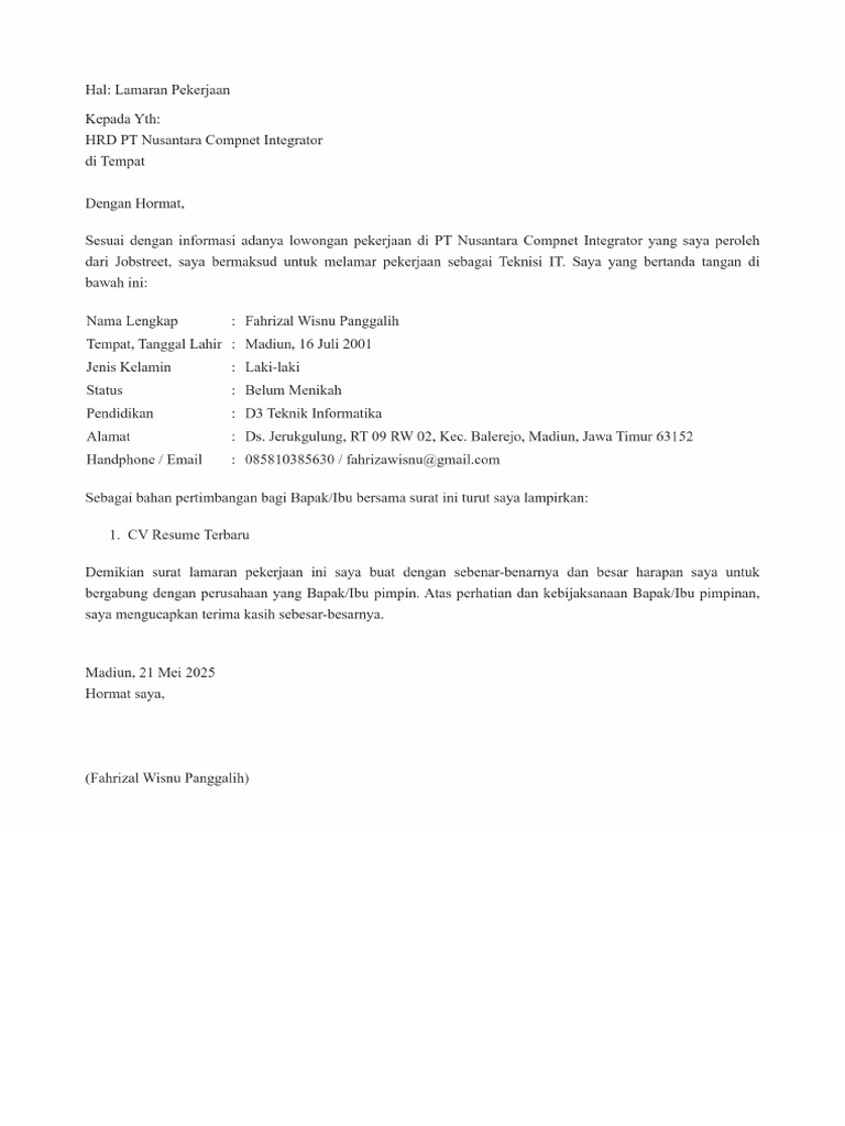 Lamaran-PT Nusantara Compnet Integrator | PDF